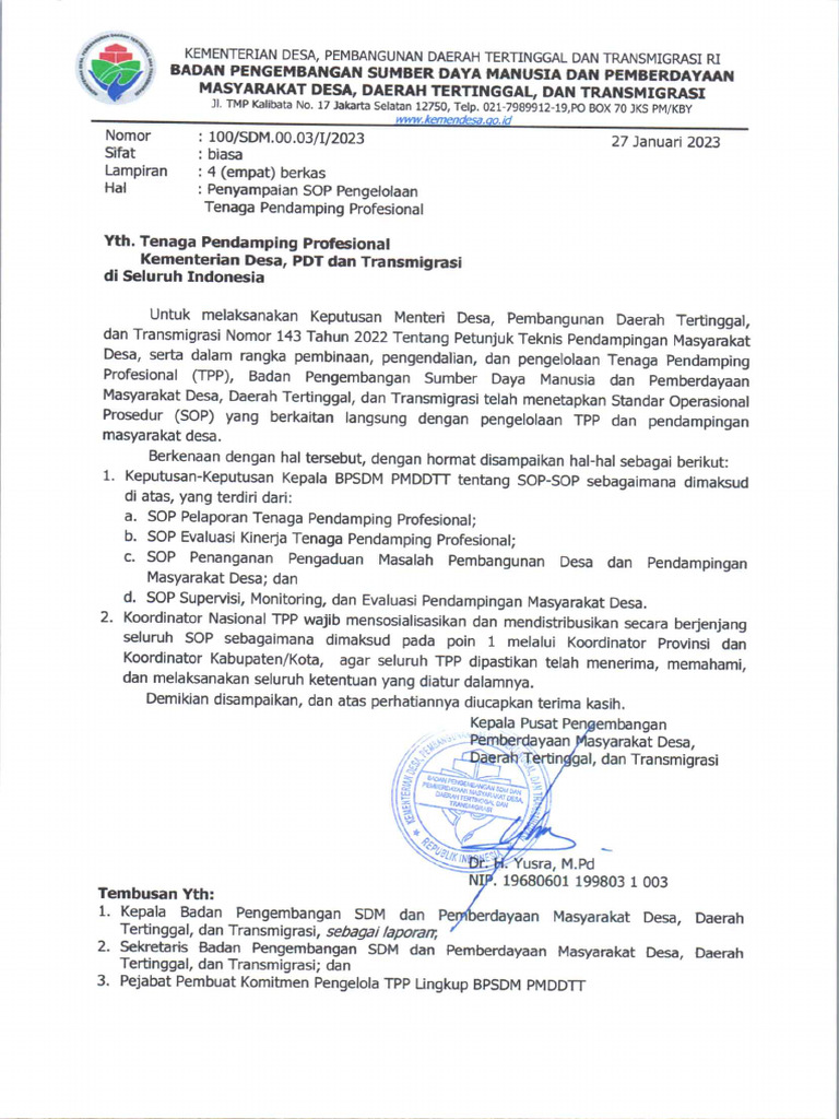 2023 SD BP SDM PMD DTT 100 2023 Perihal Penyampaian SOP-SOP Pengelolaan TPP | PDF