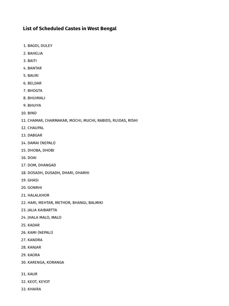 List of Scheduled Castes in West Bengal | PDF