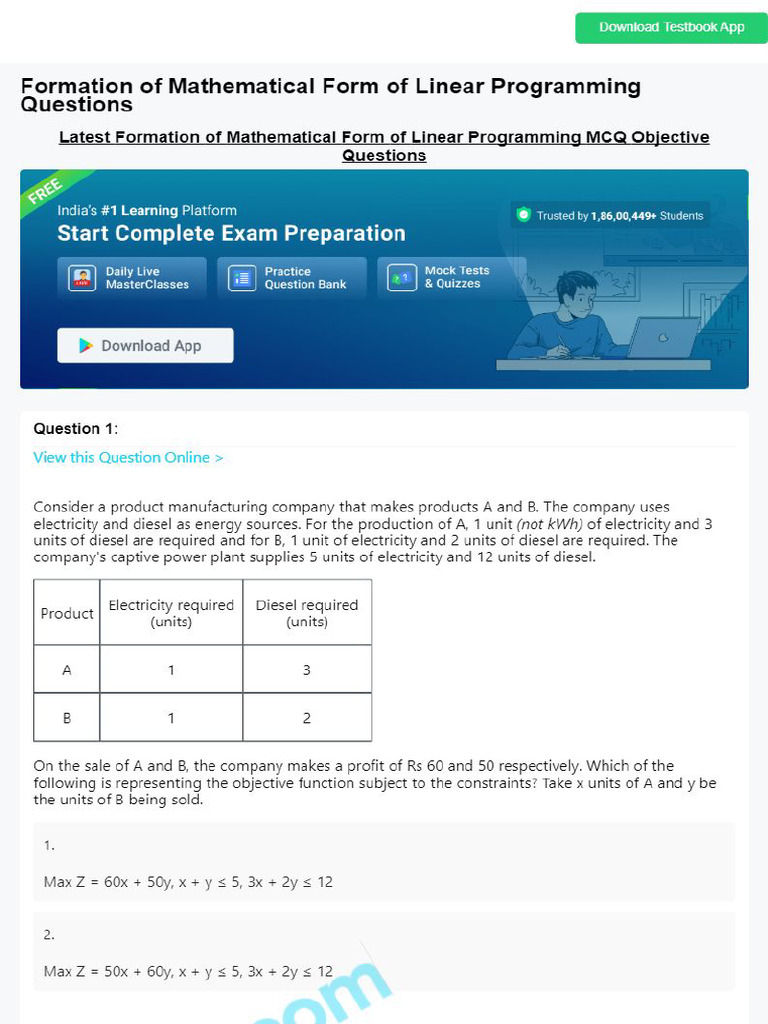 MCQ On Formation of Mathematical Form of Linear Programmi 5eea6a0e39140f30f369e4ea | PDF