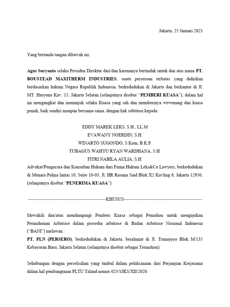 Surat Kuasa Arbitrase BANI | PDF