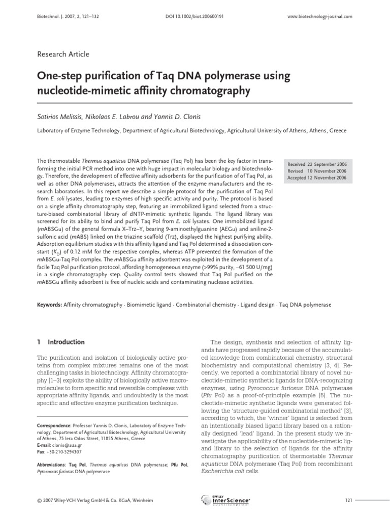 Biotechnology Journal - 2007 - Melissis - One Step Purification of Taq ...