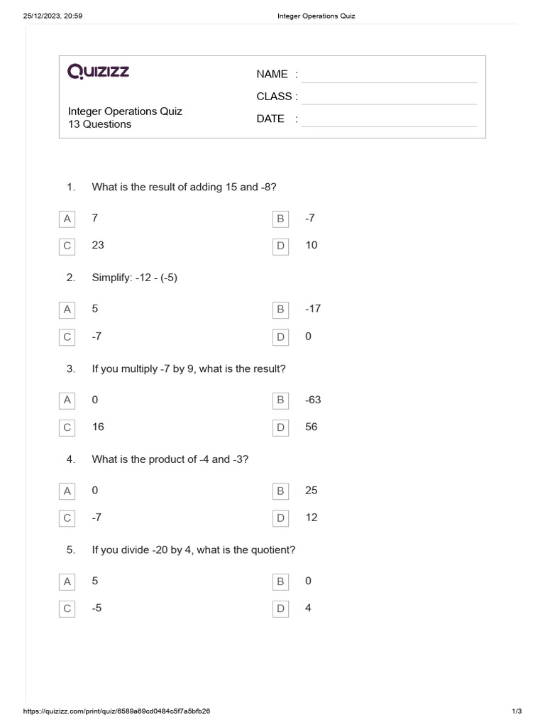 Integer Operations Quiz Pdf Multiplication Integer