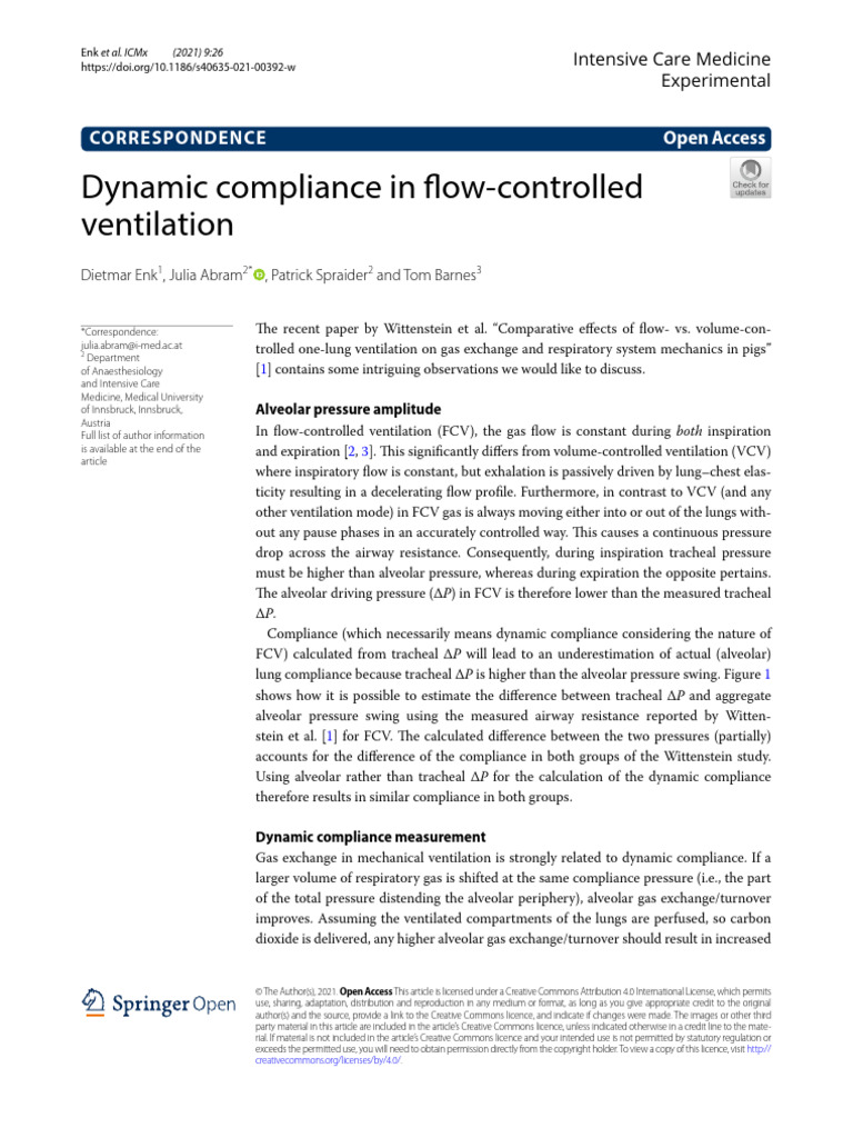 Dynamic Compliance in Flow Controlled Ventilation | PDF | Respiration ...