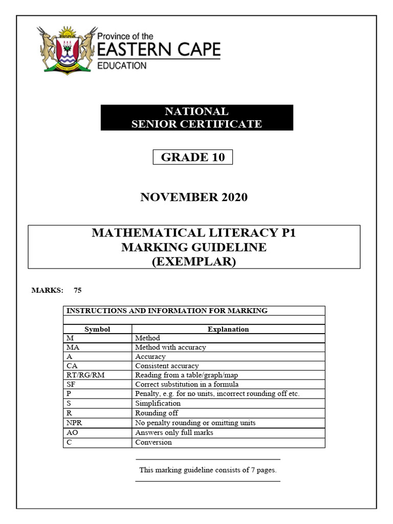 Maths Lit p1 Gr10 Memo Nov2020 - English | PDF | Mathematics Maths Lit p1 Gr10 Memo Nov2020 - English | PDF | Mathematics