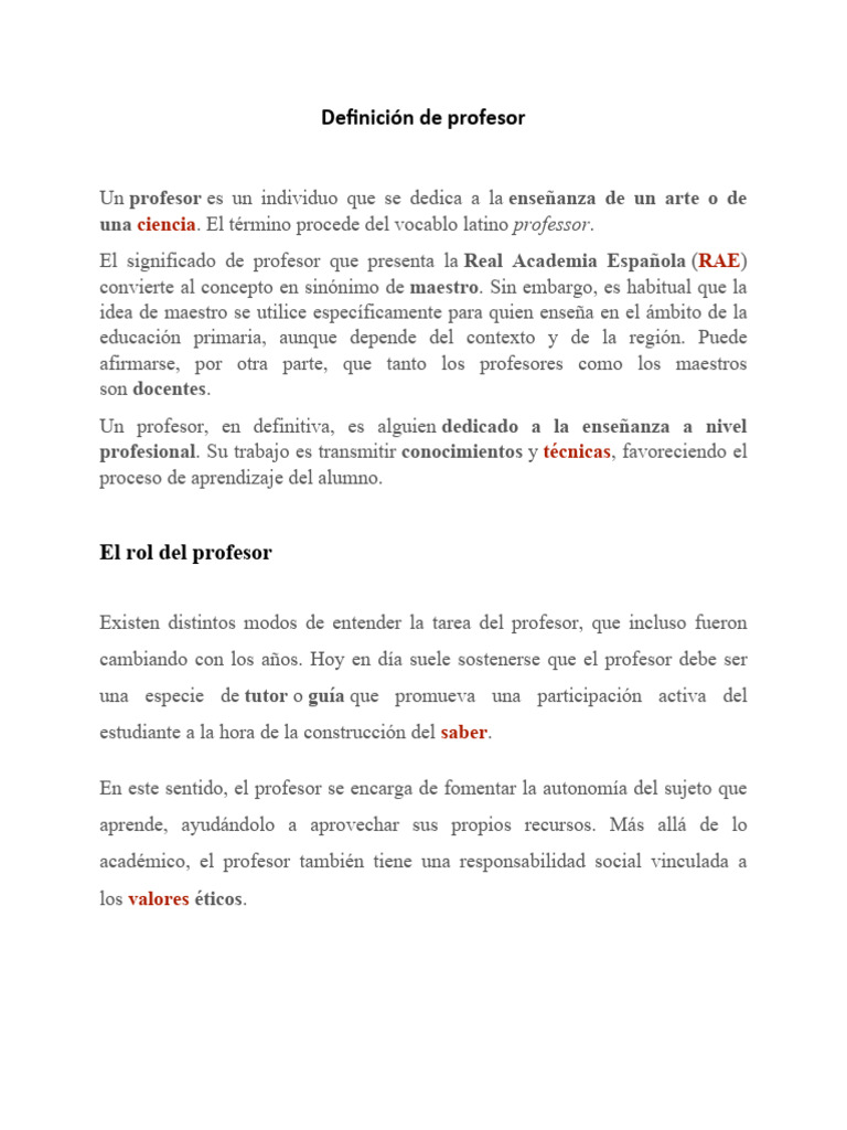 Definición de profesor y su rol | PDF | Aprendizaje | Maestros