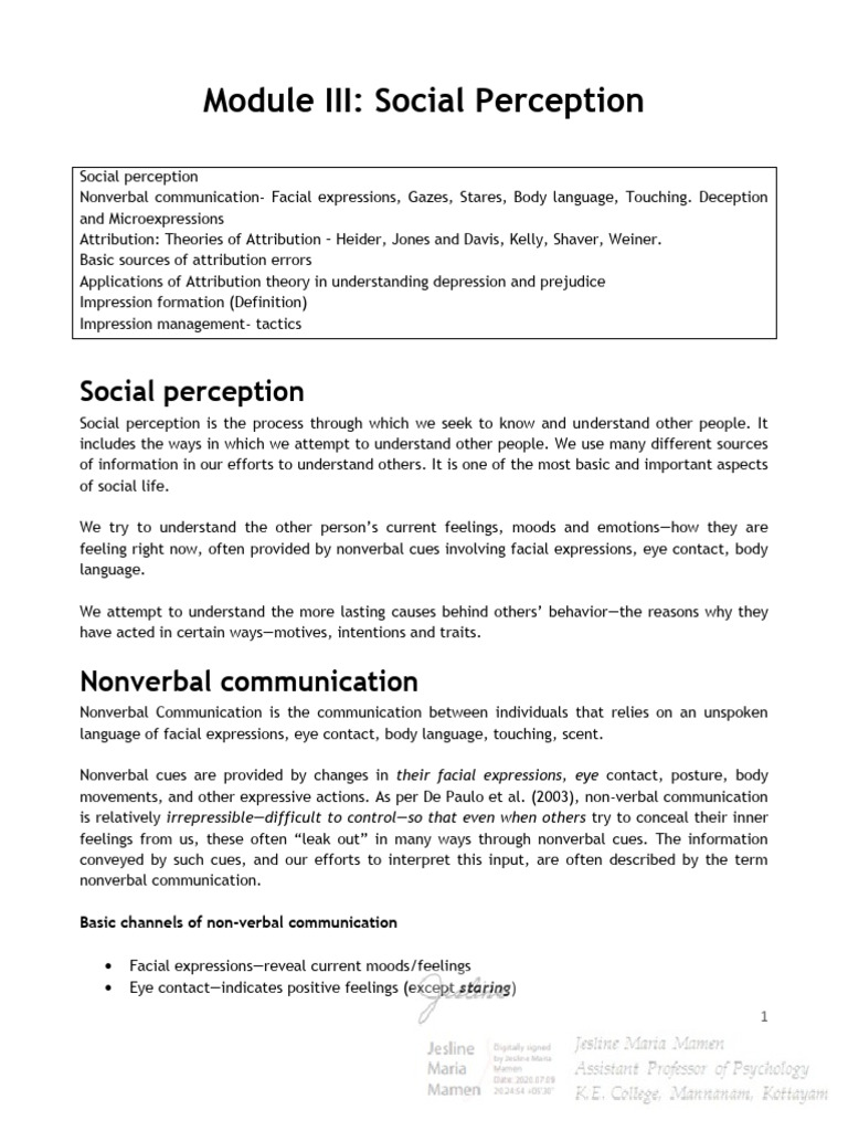 Module 3 - SOCIAL PERCEPTION | PDF | Nonverbal Communication | Facial Expression