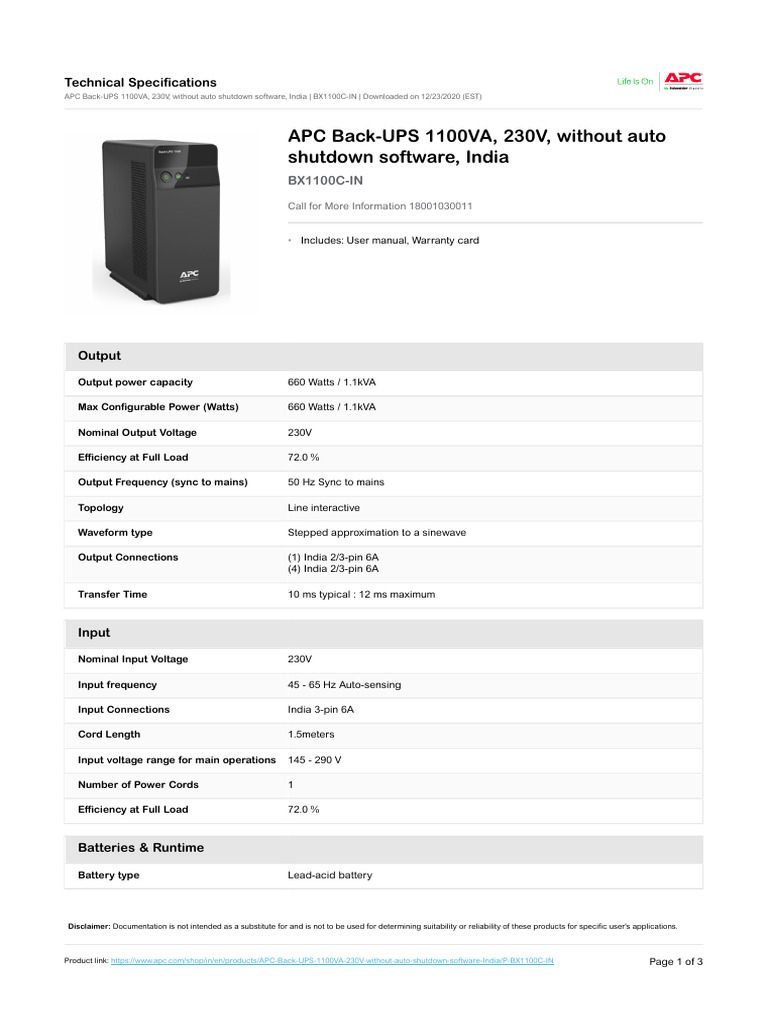 Apc 1100va Back Ups | PDF | Mains Electricity | Metrology