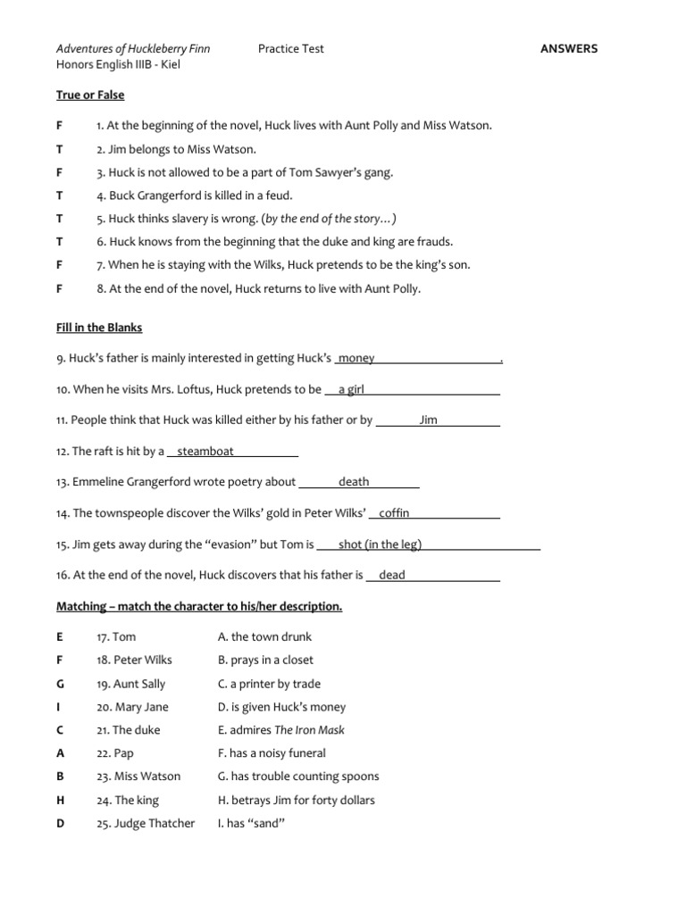 Huck Finn Practice Testanswers | PDF | Huckleberry Finn | Adventures Of ...