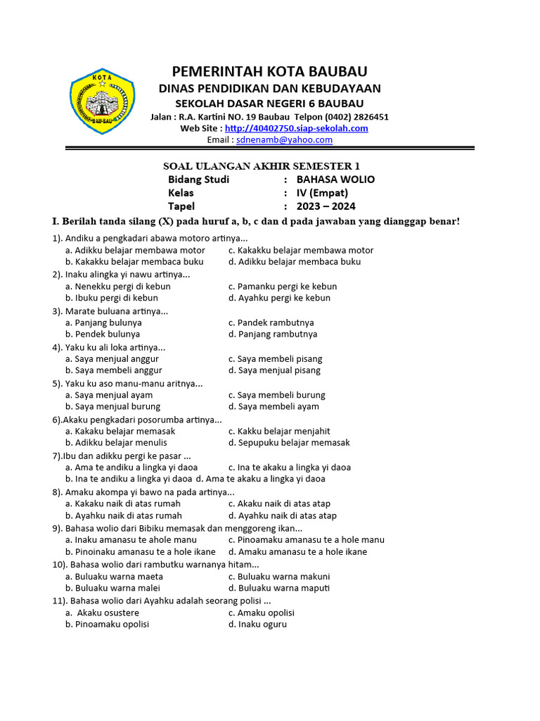Soal Ulangan Semester 1 Bahasa Wolio | PDF