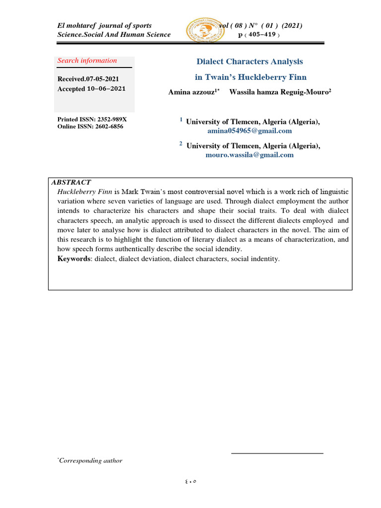 Dialect Characters Analysis in Twain's Huckleberry Finn | PDF ...