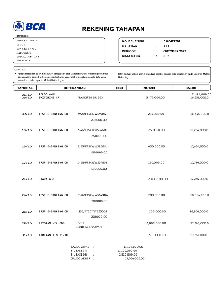 Mutasi Rekening BCA 1023 | PDF