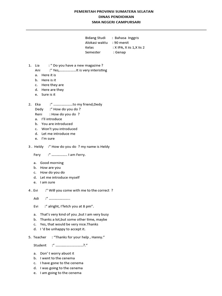 Soal B. Inggris Kelas X | PDF