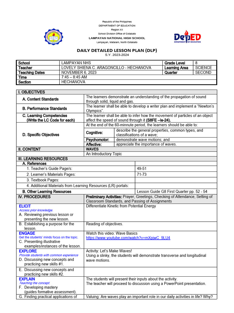 Daily Detailed Lesson Plan (DLP) : Elicit | PDF | Waves | Learning