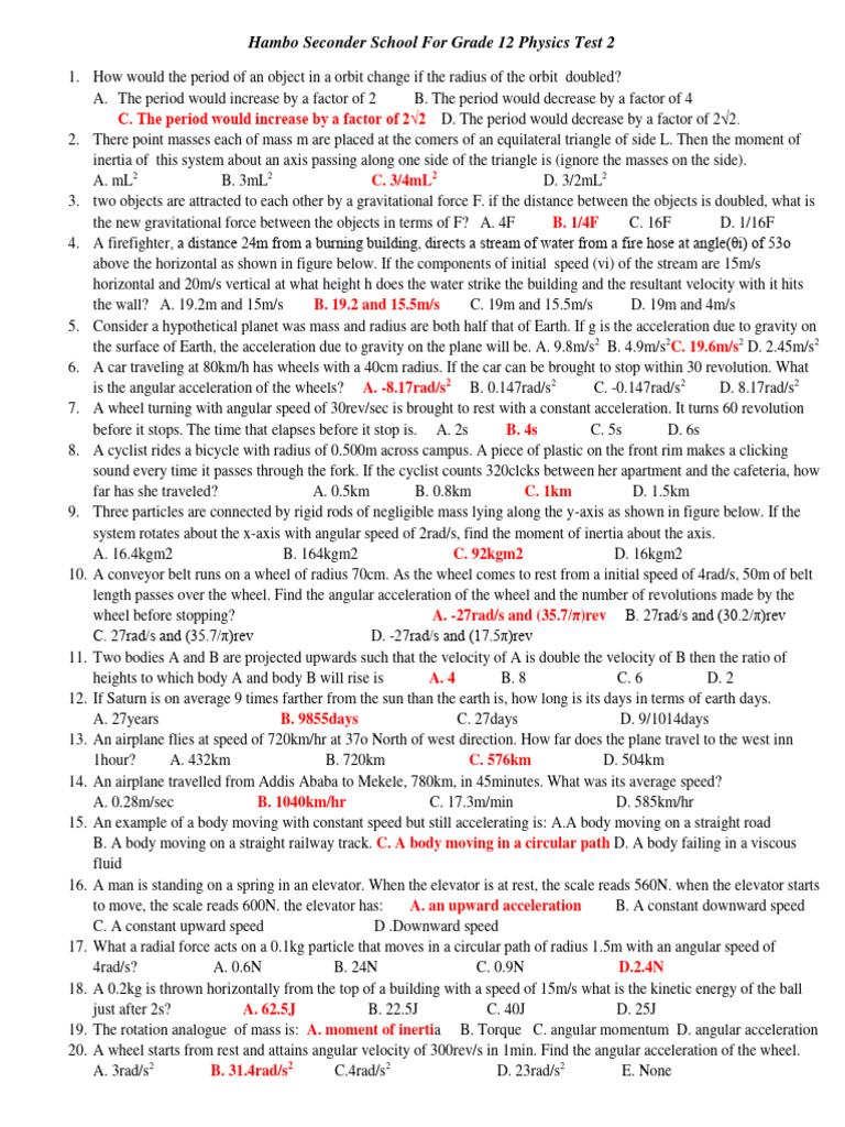 Grade 12 Physics Test Questions | PDF | Orbit | Gravity