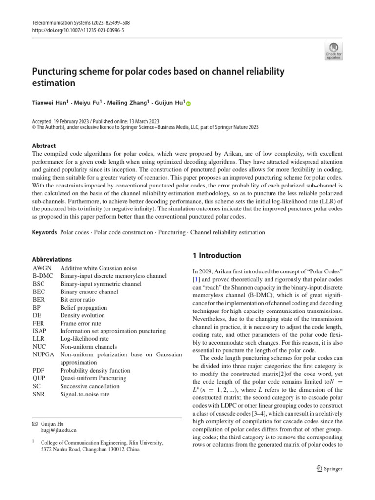 Puncturing Scheme For Polar Codes Based On Channel Reliability Estimation | PDF | Normal ...