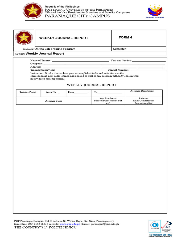 Ojt-Weekly Journal Template | PDF | Career & Growth