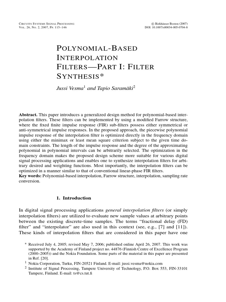 Saramäki Polynomial Based Interpolation Filters Springer 2007 | PDF | Filter (Signal Processing ...