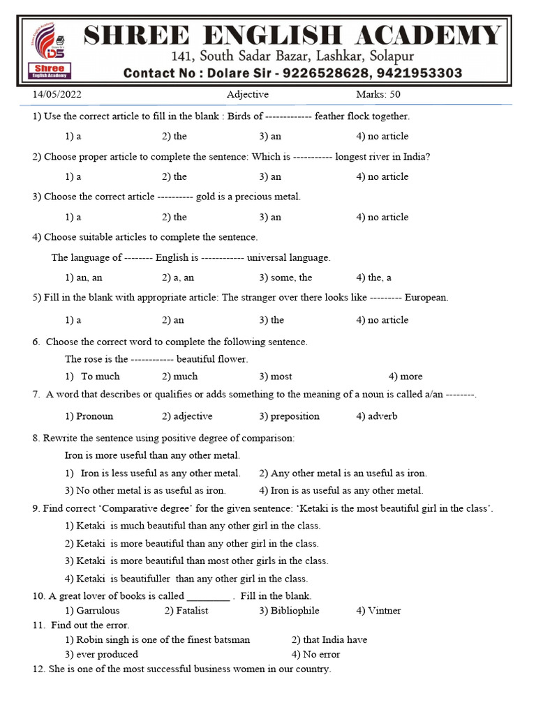 Adjective Test | PDF | Adverb | Linguistics