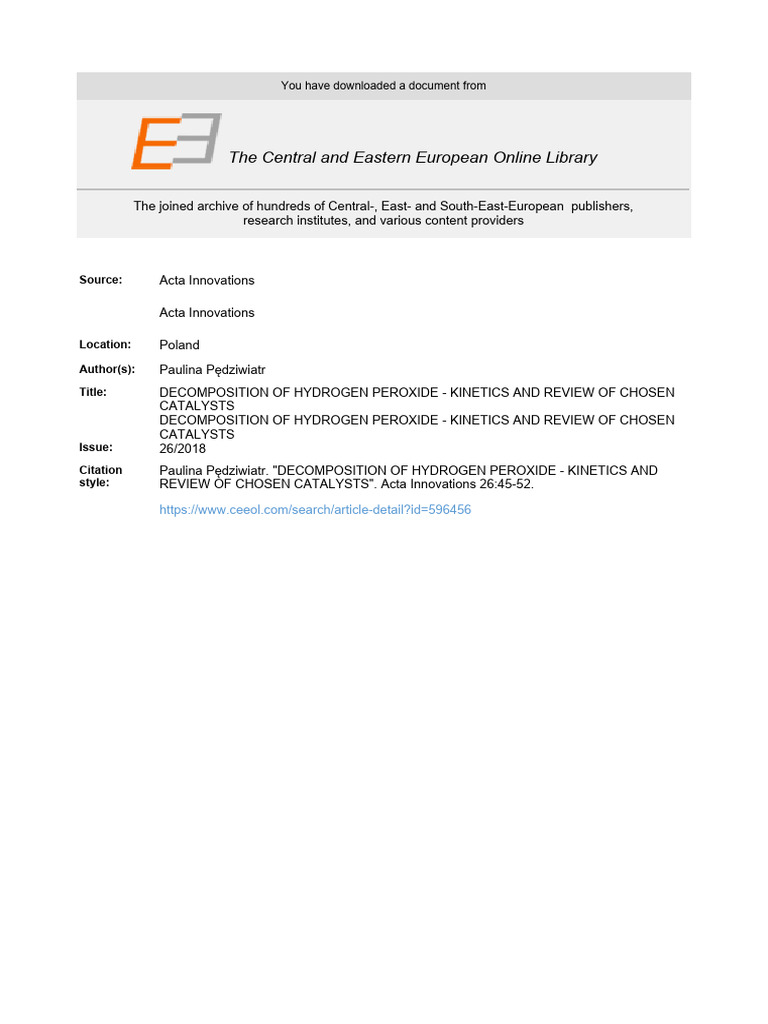 Decomposition of Hydrogen Peroxide Kinetics and Review of Chosen ...