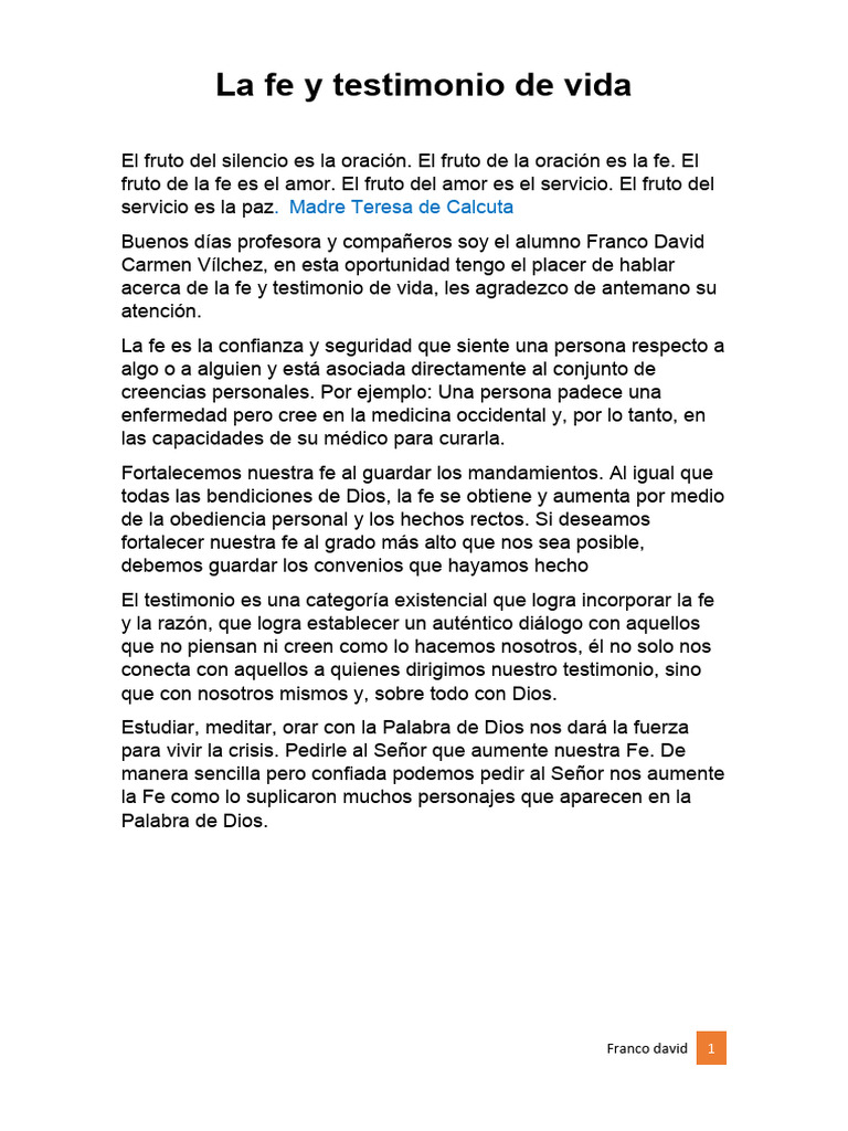 Fe y Testimonio de Vida | PDF | Relaciones personales, crianza y ...