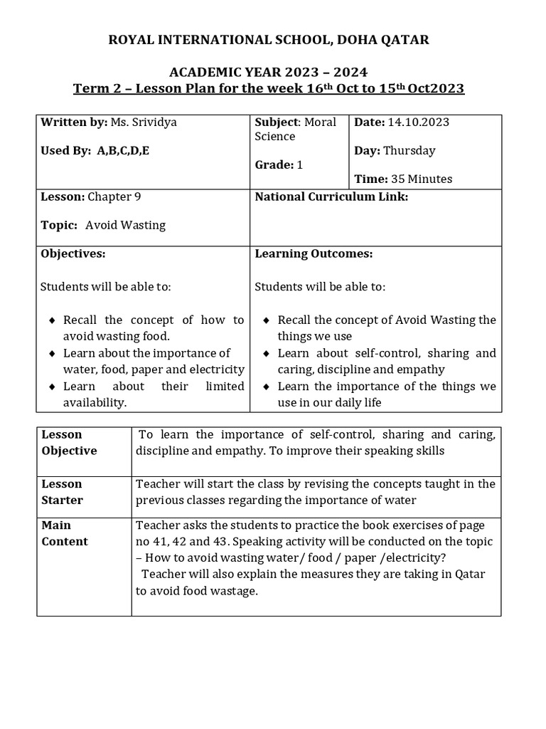 Moral Values Lesson Plan1 QNSA LP - Day3 | PDF | Teachers | Learning