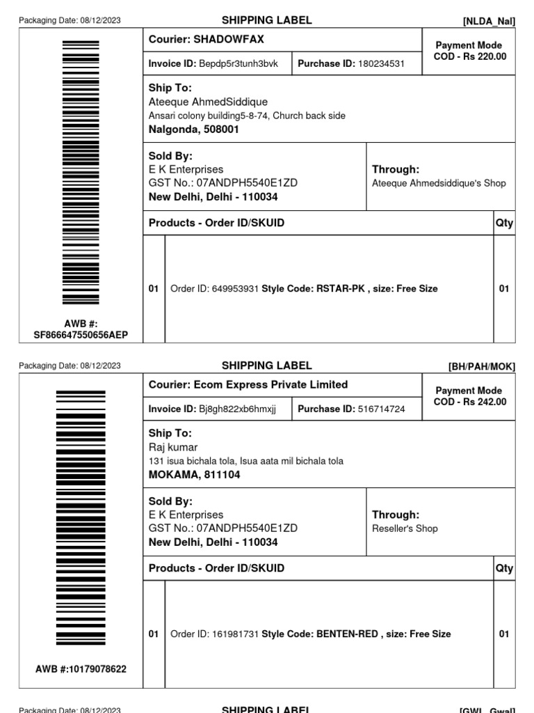 Ateeque Ahmedsiddique: Shipping Label Courier: Shadowfax | PDF