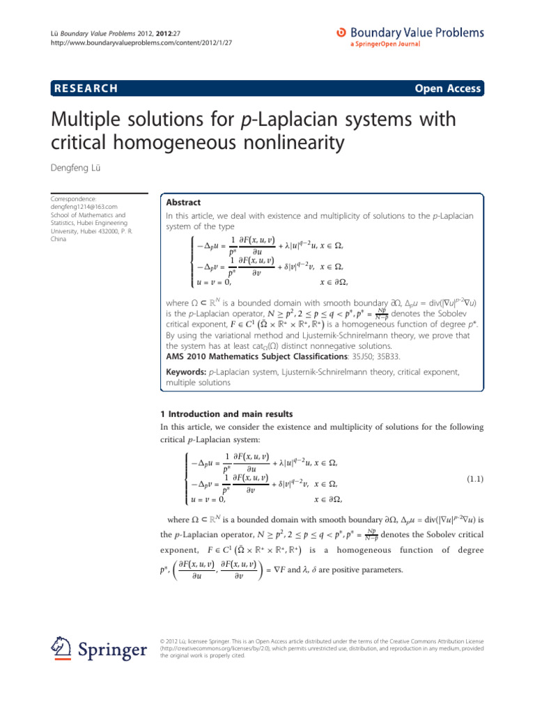 Multiple Solutions For P-Laplacian Systems With Critical Homogeneous Nonlinearity | PDF ...
