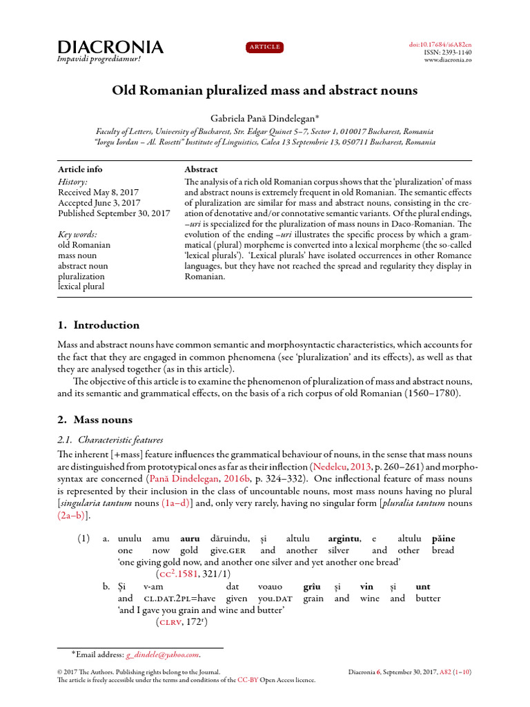 Old Romanian Pluralized Mass and Abstract Nouns | PDF