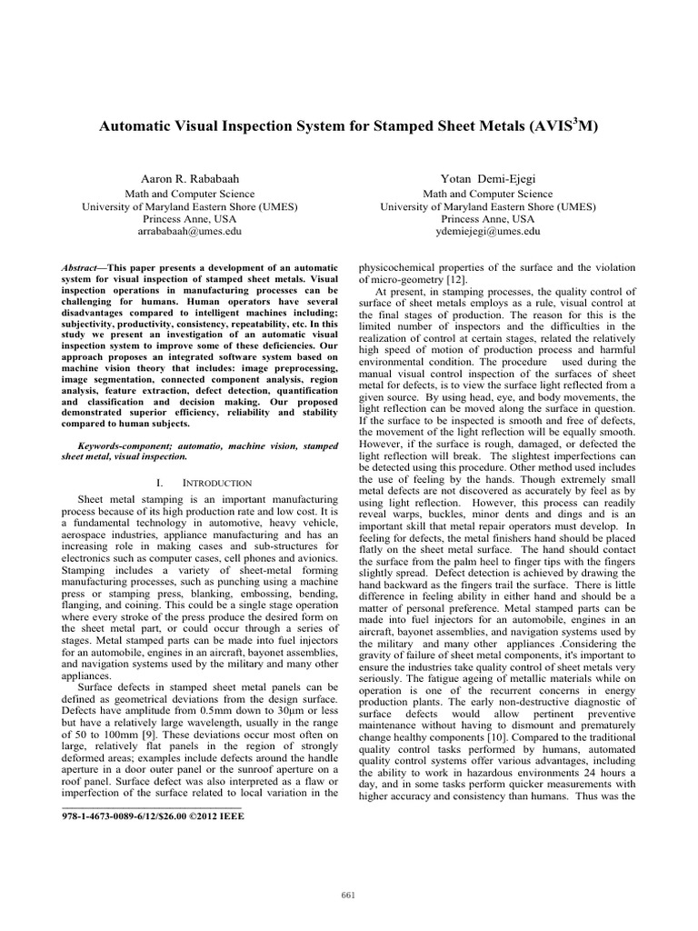 2012-Aaron-Automatic Visual Inspection System For Stamped Sheet Metals (AVIS3 | PDF | Technology ...