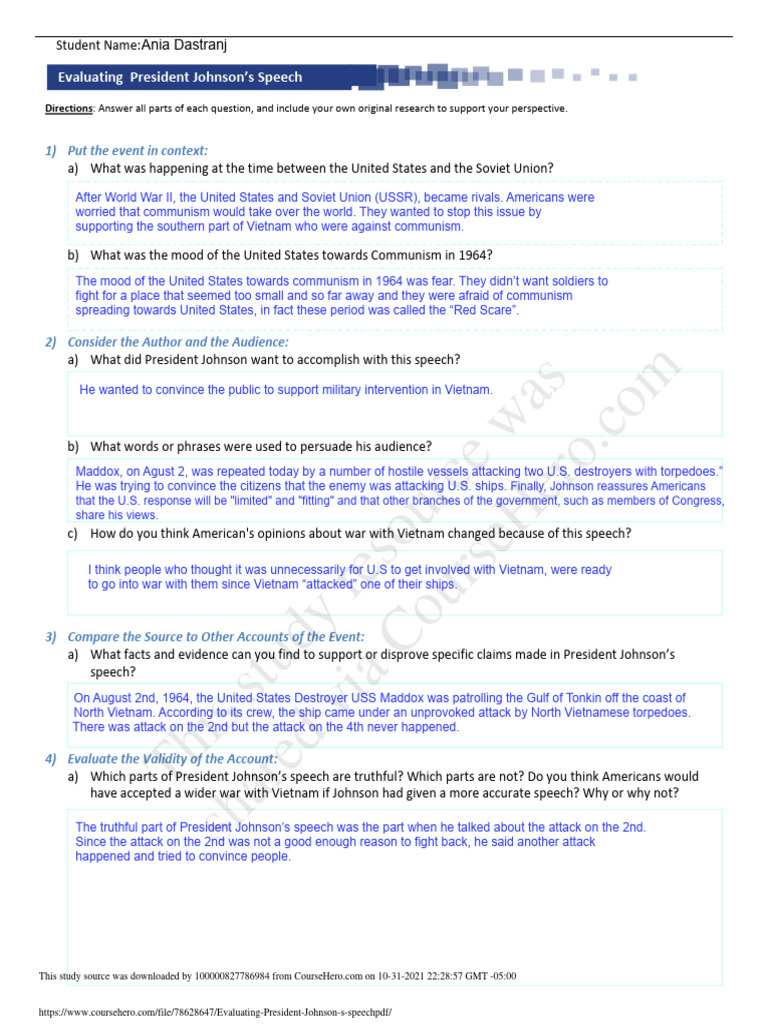 Evaluating President Johnson S Speech PDF | PDF