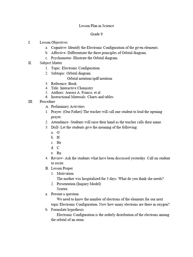 Lesson Plan in Science Grade 9 | PDF | Electron Configuration | Atomic Orbital