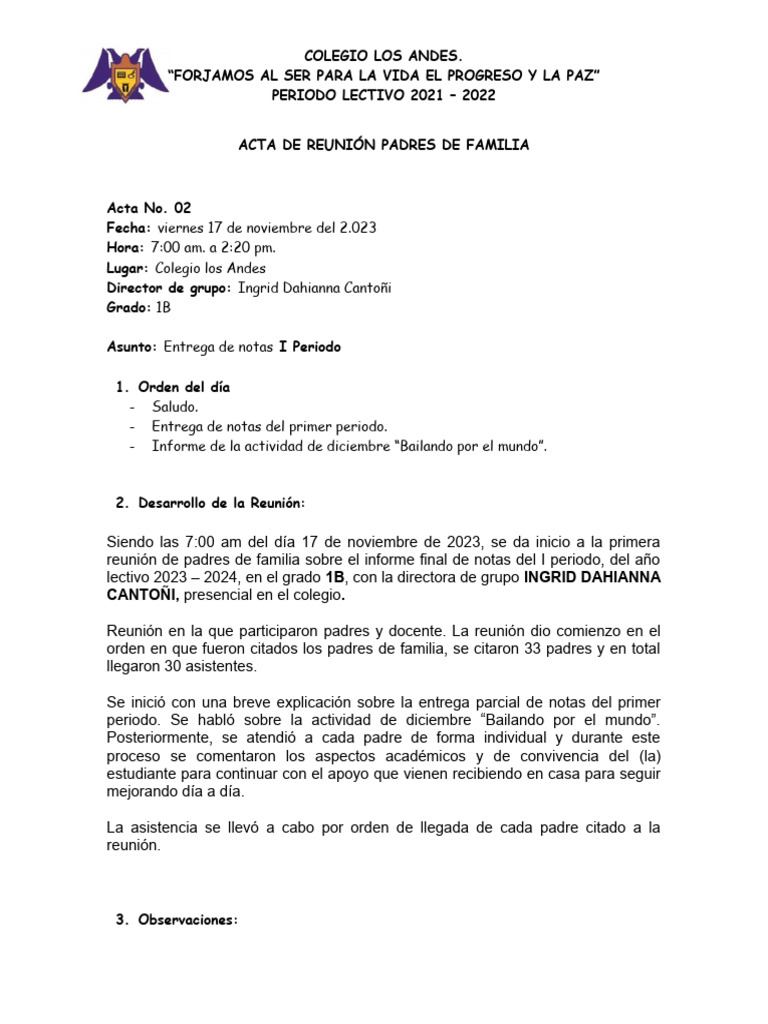 Acta II Reunión de Padres | PDF