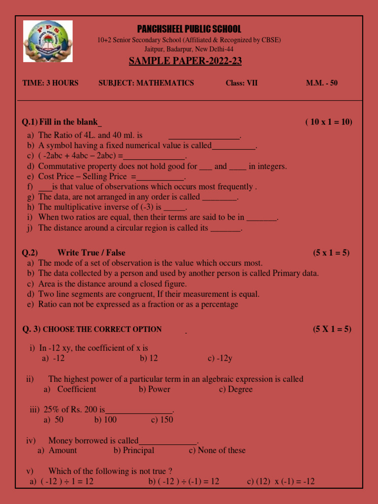 Class 7 Maths Sample Compressed | PDF | Ratio | Area