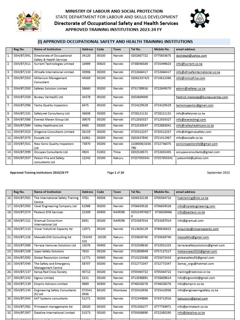 Approved Safety Training Institutions 2023 | PDF | Occupational Safety ...
