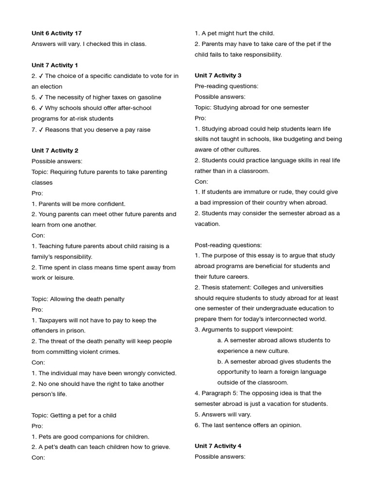 Unit 7 Activities on Argumentative Writing | PDF | Wellness