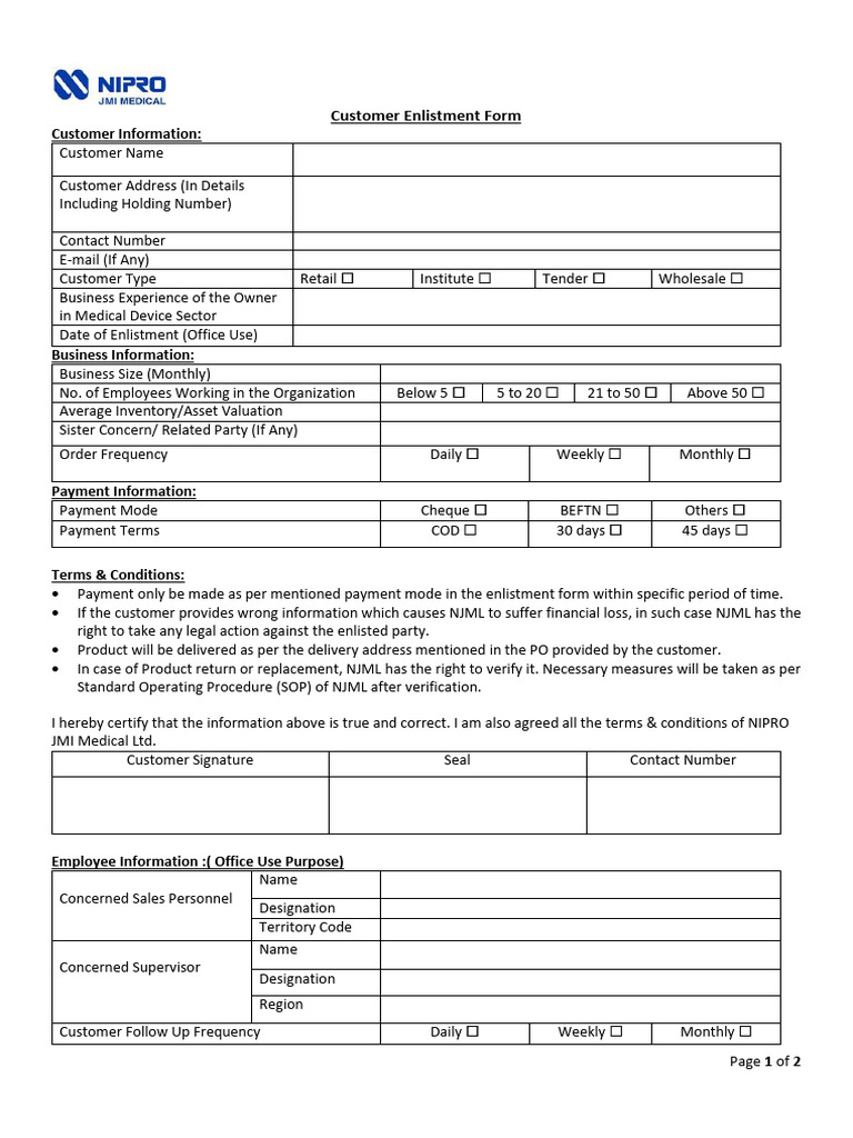 Customer Enlistment Form (NJML) | PDF | Payments | Cheque