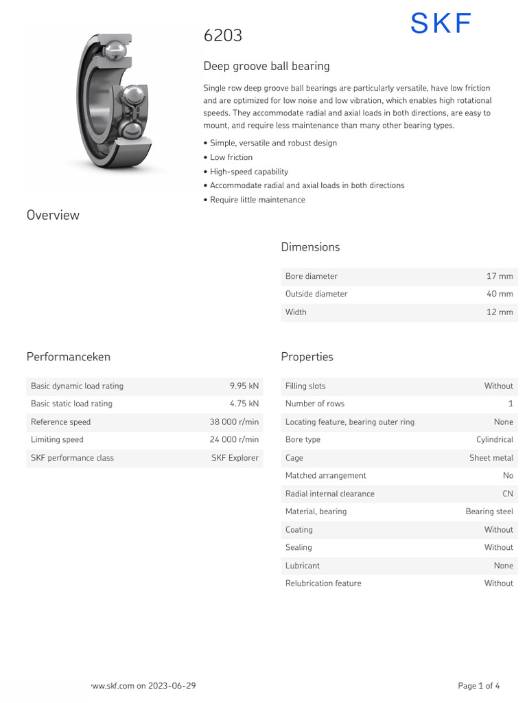 SKF 6203 Specification | PDF