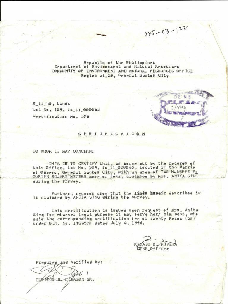 CENRO 1996 Certification | PDF