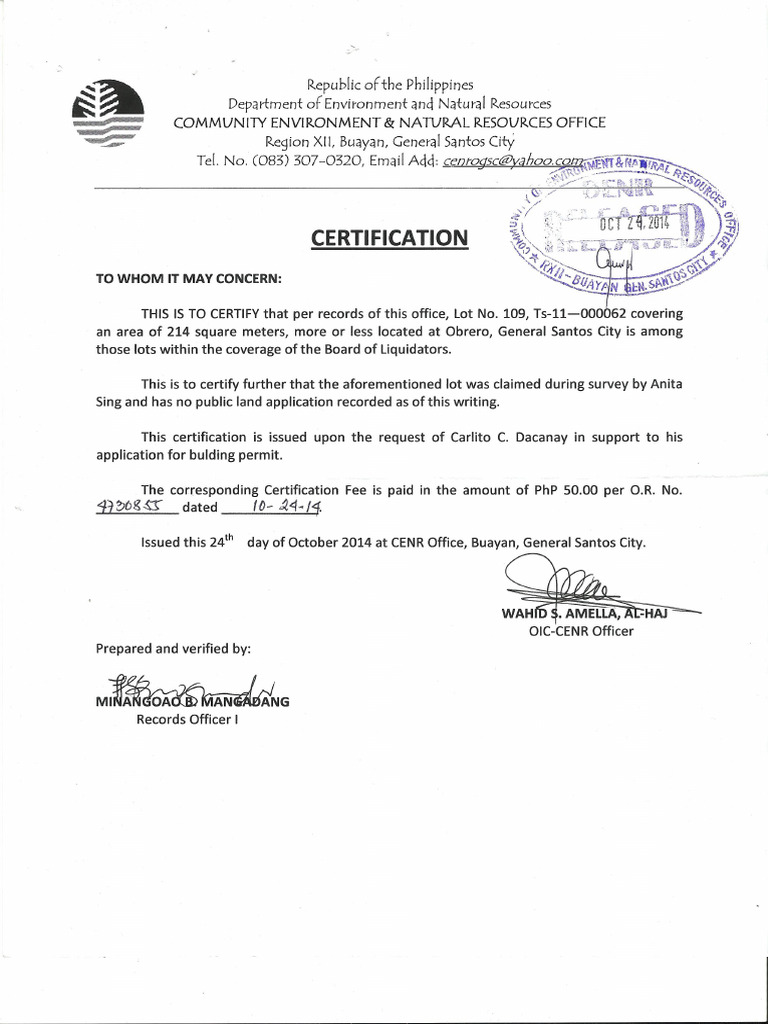 CENRO 2014 Certification | PDF