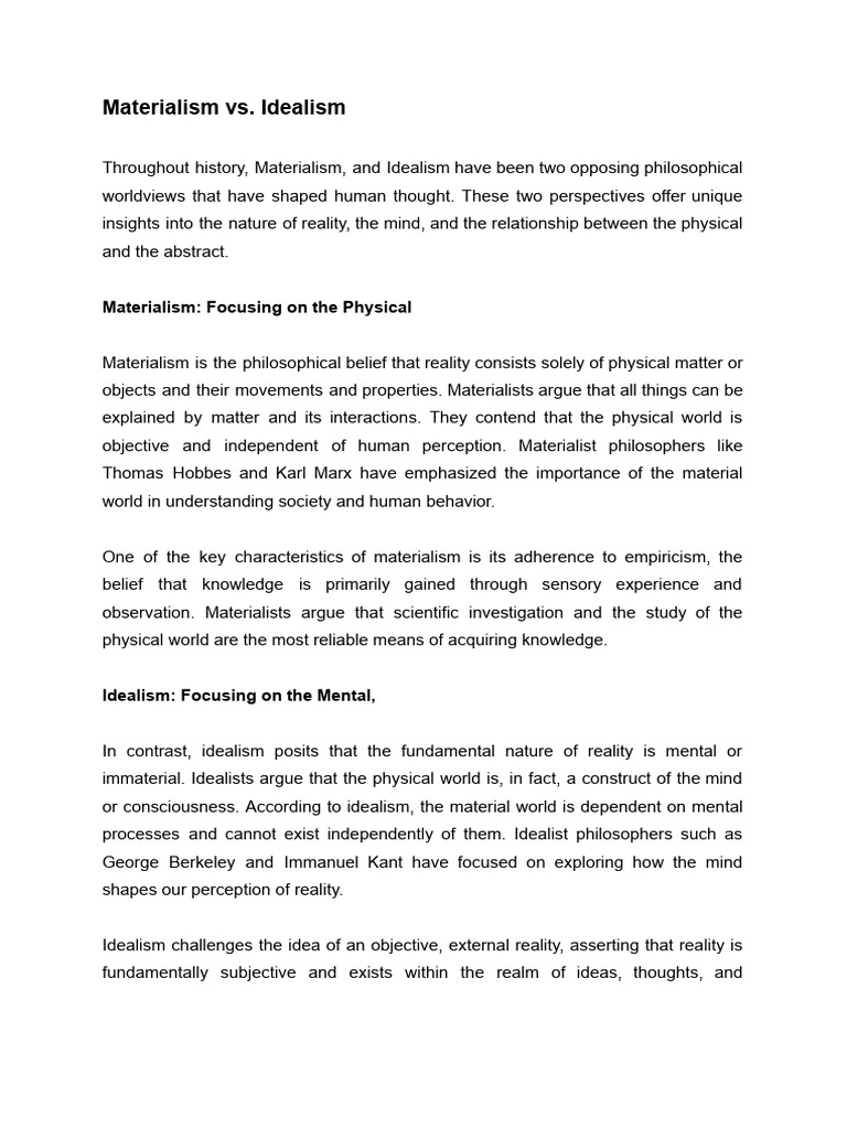 Materialism Vs Idealism | PDF