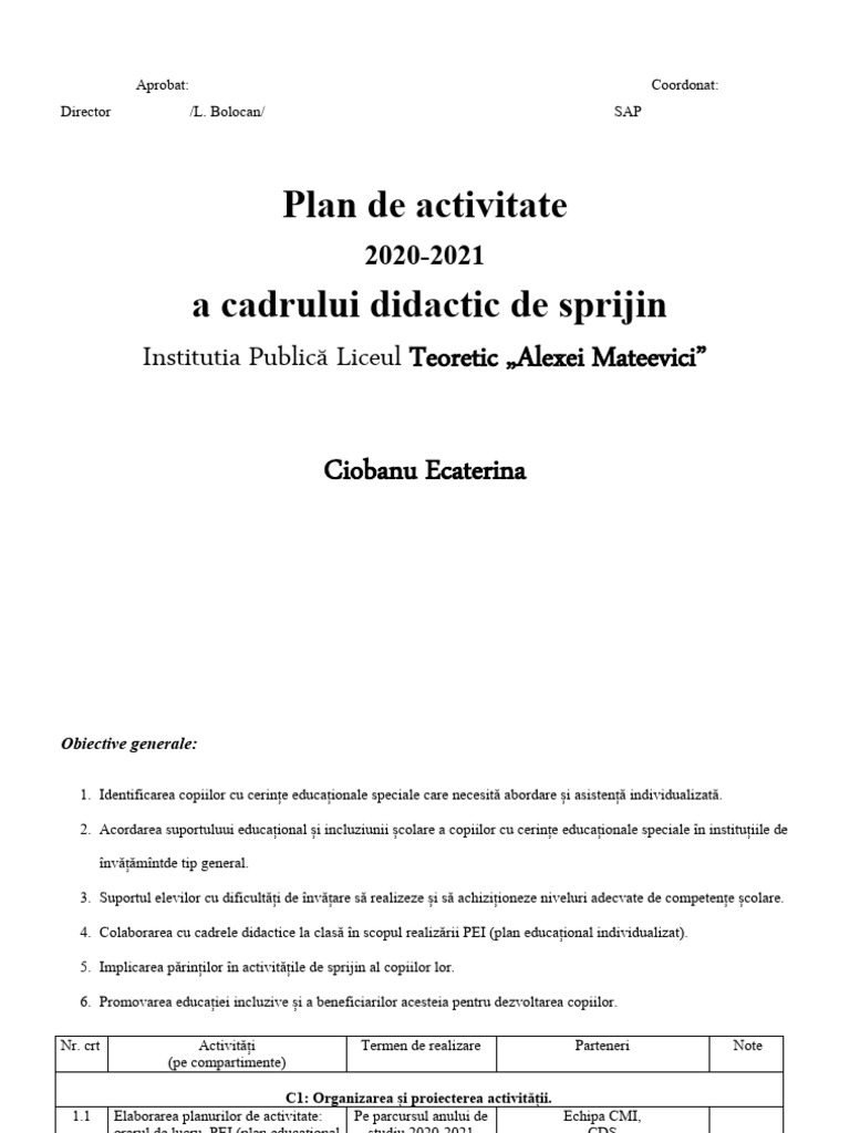 Plan de Activitate A CDS 2020-2021 | PDF