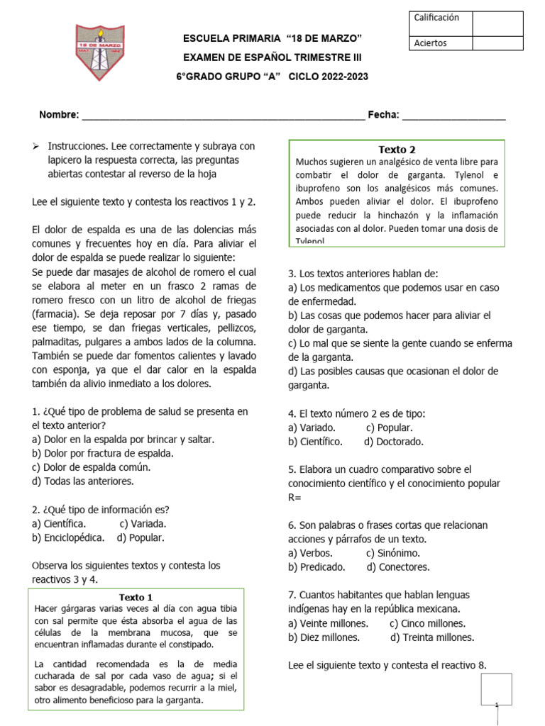Examen de Español Tercer Trimestre | PDF