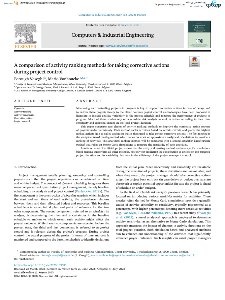 Activity Ranking for Project Control | PDF | Sensitivity Analysis ...