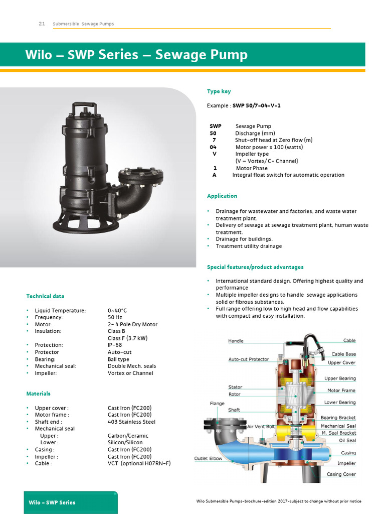 Wilo SWP Series Sewage Pumps Catalogue | PDF