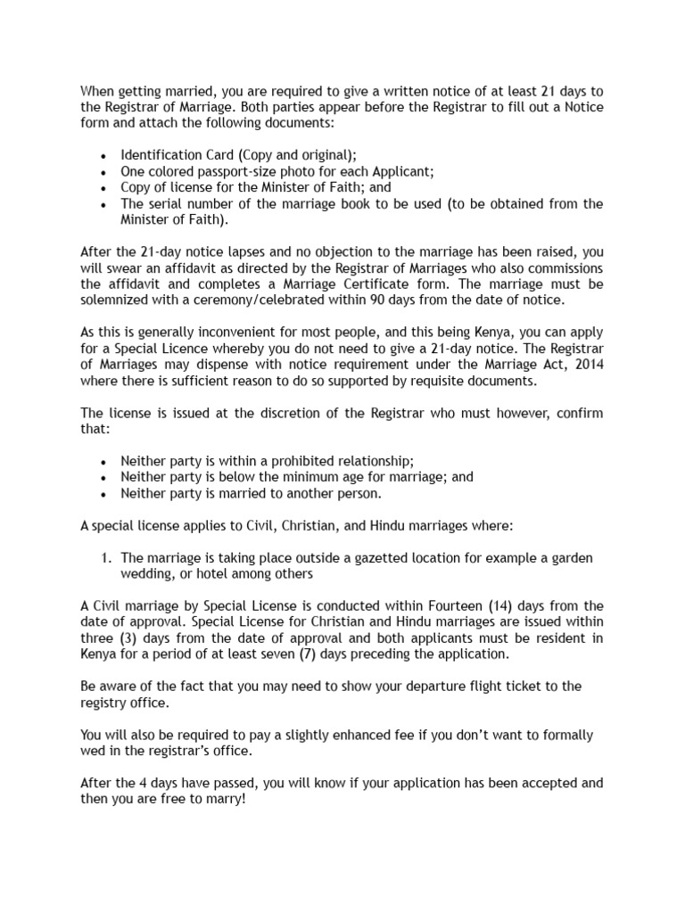 Special Marriage License Process in Kenya | PDF | Marriage License ...