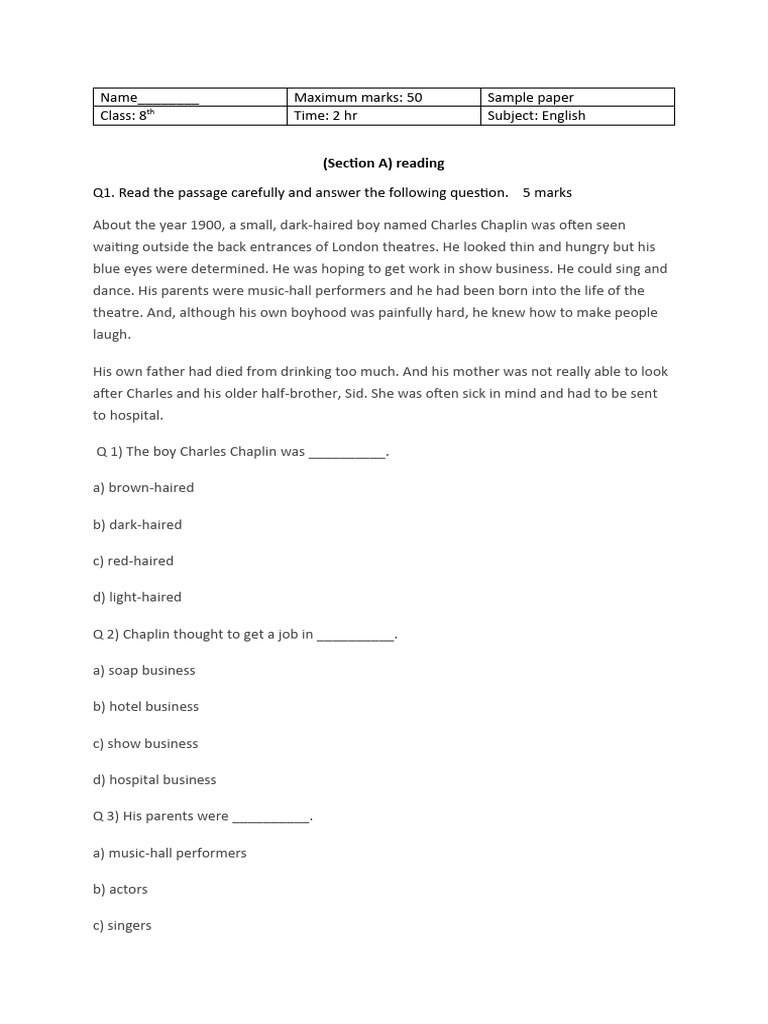 Class 8 English Sample Paper | PDF