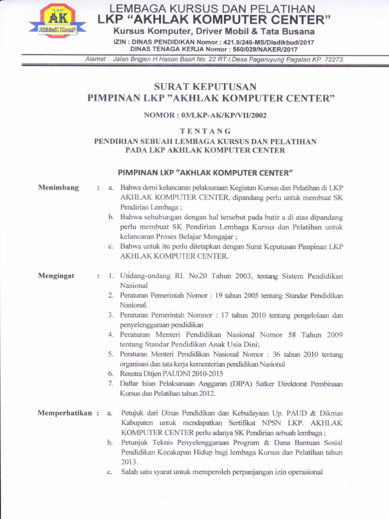 SK Pendirian LKP | PDF