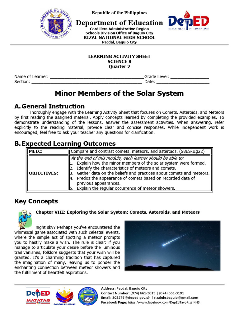 Learning Activity Sheet Science 8 Com Aster Meteor | PDF | Asteroid | Meteoroid