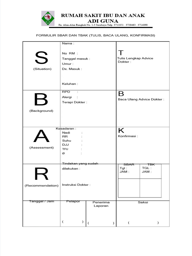 Formulir Sbar Dan Tbak Pdf