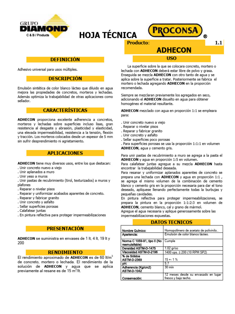 Ficha Tecnica Adhecon | Descargar gratis PDF | Hormigón | Materiales
